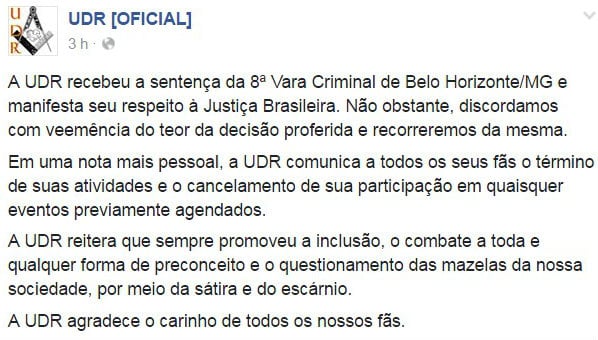 Após condenação, banda UDR, de Belo Horizonte, encerra as atividades