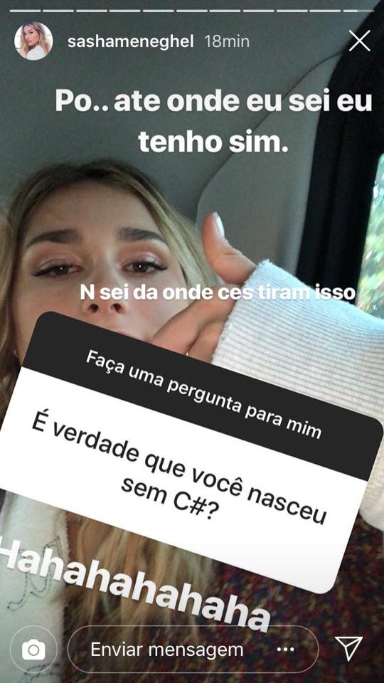 Sasha responde seguidor sobre ter nascido sem parte íntima: 'Não ... Sasha responde seguidor sobre ter nascido sem parte íntima: 'Não ...