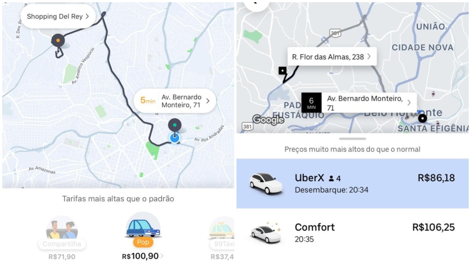 Mais que o triplo! Tarifa de Uber e 99 explode após chuva e Carnaval