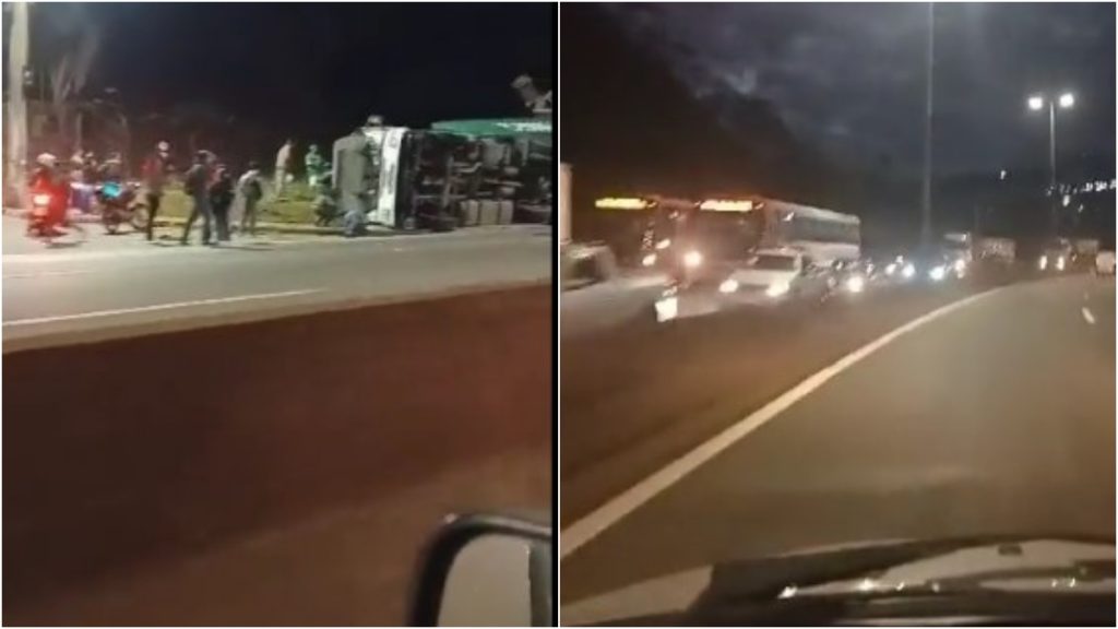 Carreta tomba, bate em passarela e trava trânsito no Anel Carreta tomba, bate em passarela e trava trânsito no Anel