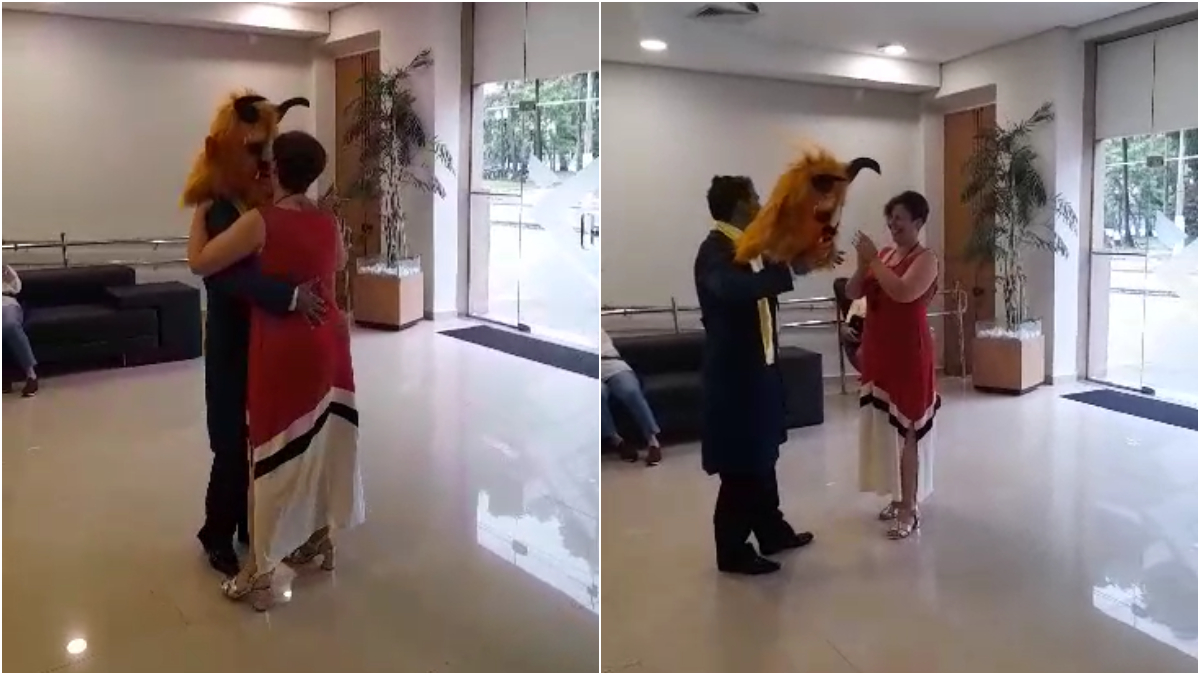 Marido aparece vestido de 'Fera' no trabalho da esposa