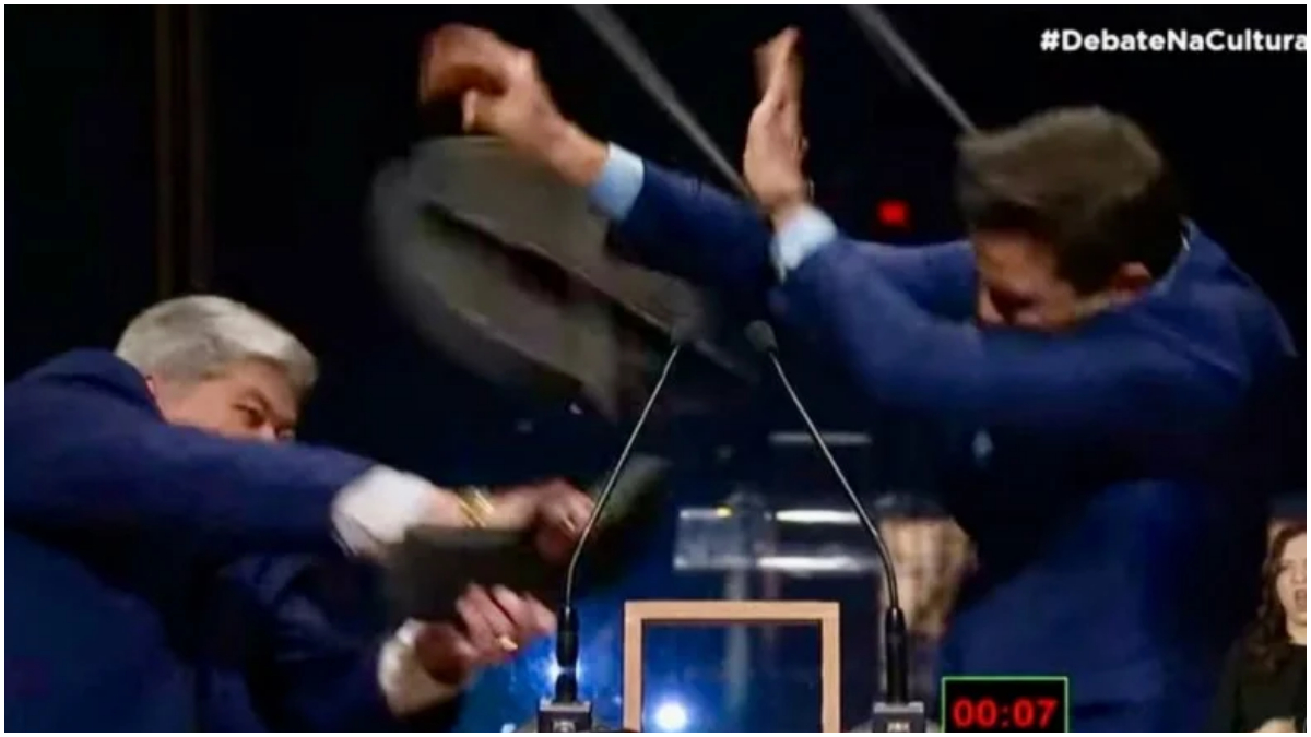 Datena dá cadeirada em Pablo Marçal em debate em São Paulo